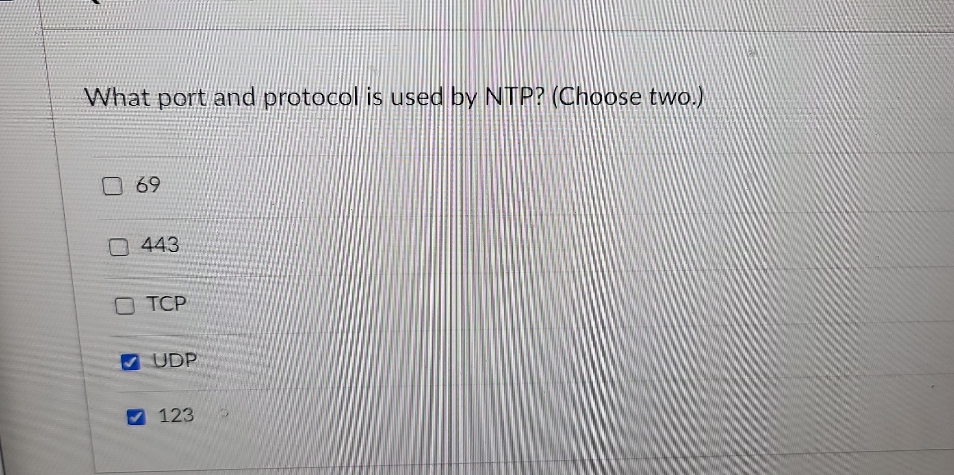 Solved What port and protocol is used by NTP? (Choose | Chegg.com
