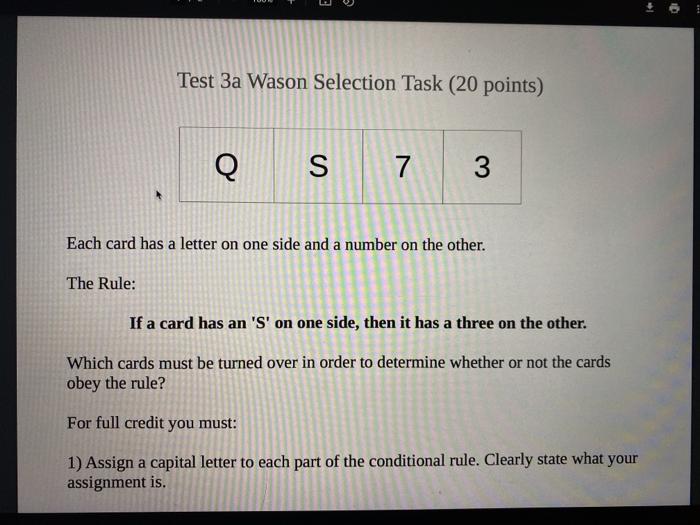 10 Test 3a Wason Selection Task (20 points) Q S 7 3 | Chegg.com