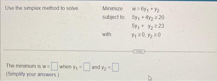 Solved Use the simplex method to solve. Minimize w=6y1 + y2 | Chegg.com