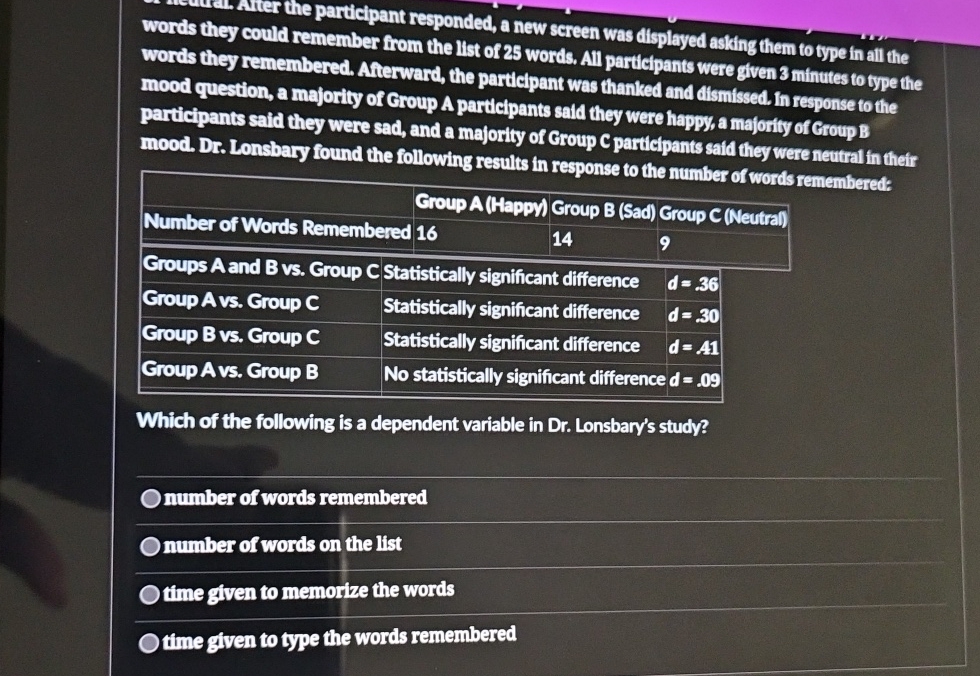 Solved words they could remember from the list of 25 ﻿words. | Chegg.com