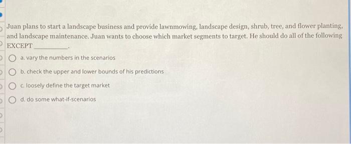 Solved Juan plans to start a landscape business and provide | Chegg.com