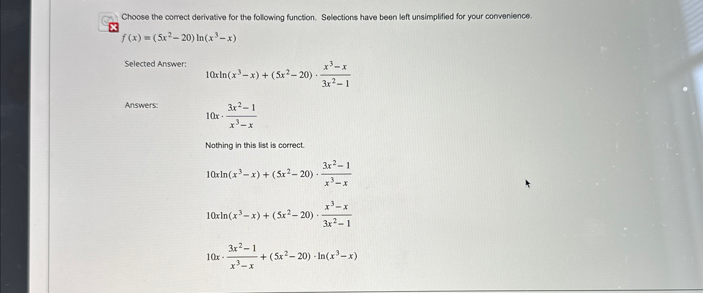Solved Choose the correct derivative for the following | Chegg.com