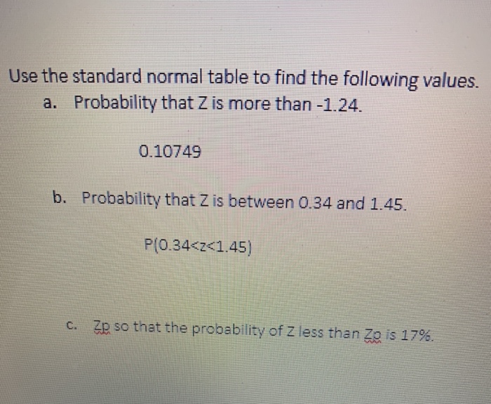 Solved Use the standard normal table to find the following | Chegg.com