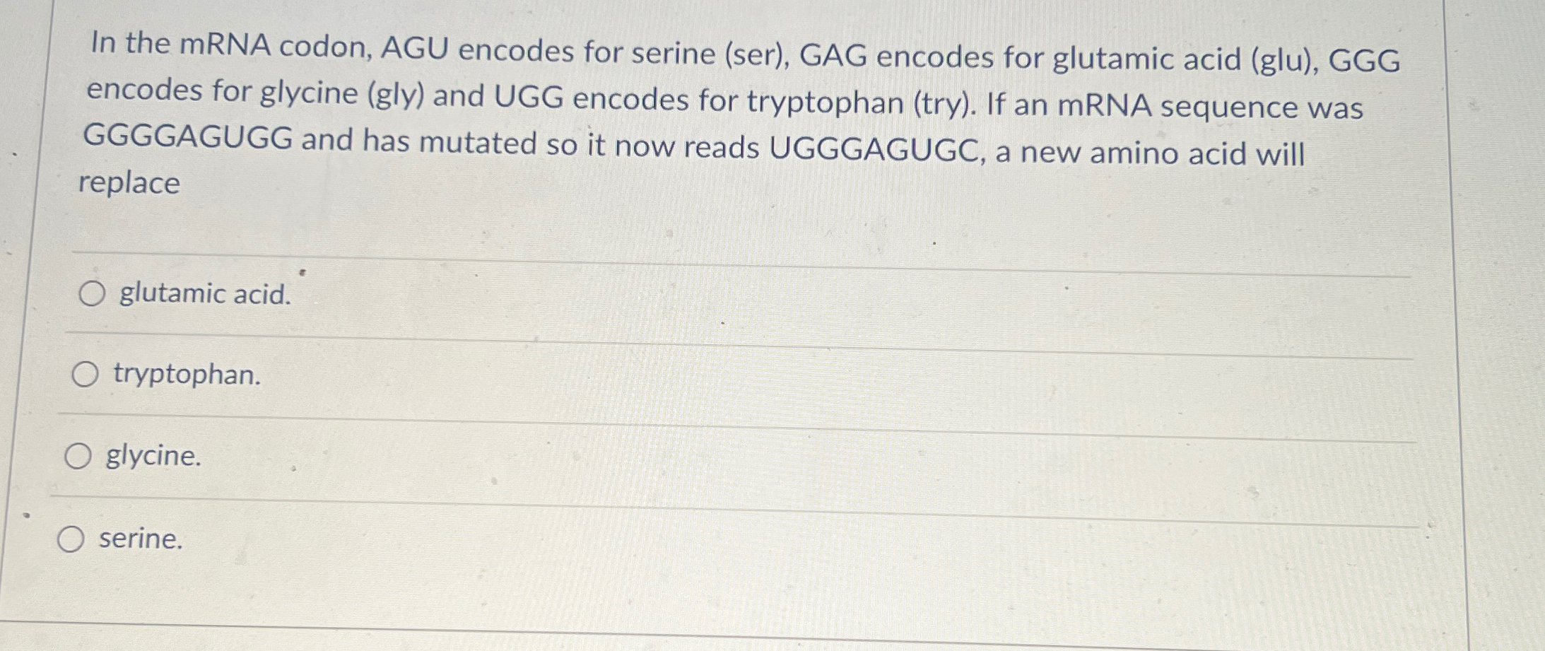 Solved In the mRNA codon, AGU encodes for serine (ser), ﻿GAG | Chegg.com