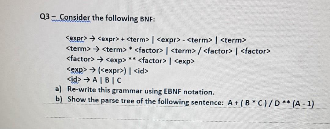 Solved Q3 - Consider the following BNF: + | - | * | | Chegg.com