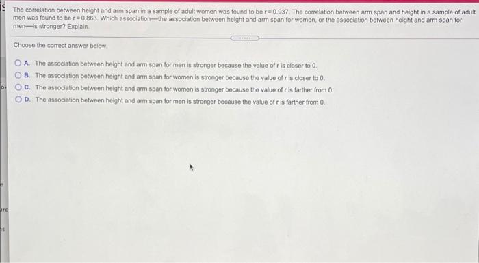 Solved The correlation between height and arm span in a | Chegg.com