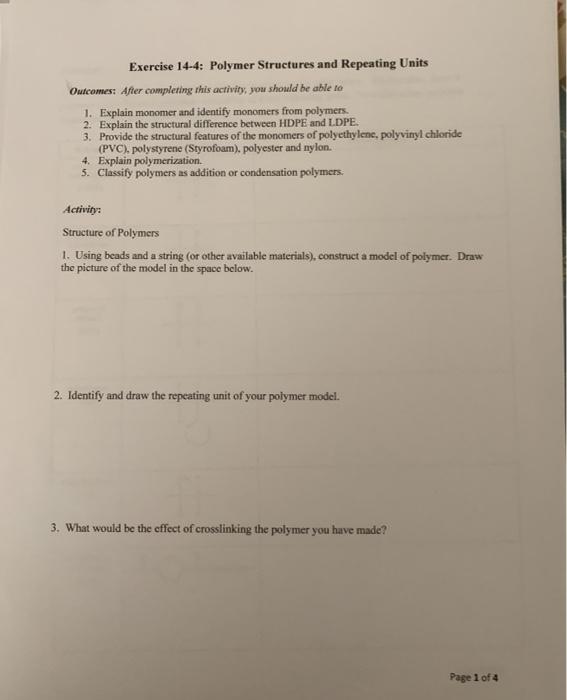 Solved Exercise 14-4: Polymer Structures and Repeating Units | Chegg.com