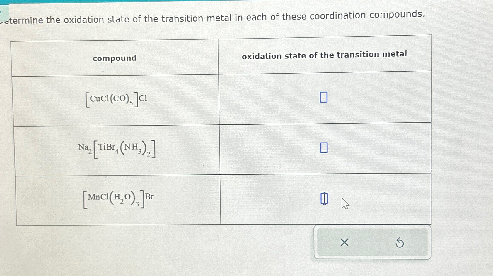 Solved etermine the oxidation state of the transition metal | Chegg.com