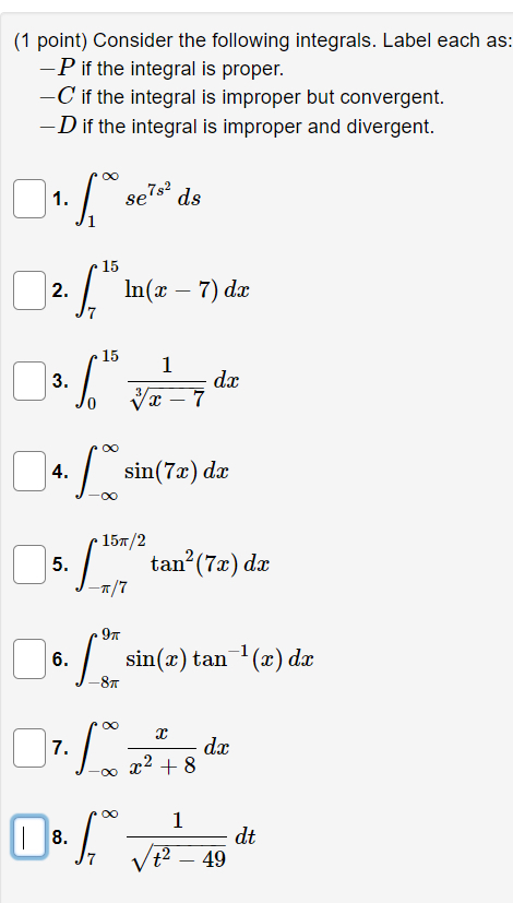 Solved (1 ﻿point) ﻿Consider the following integrals. Label | Chegg.com