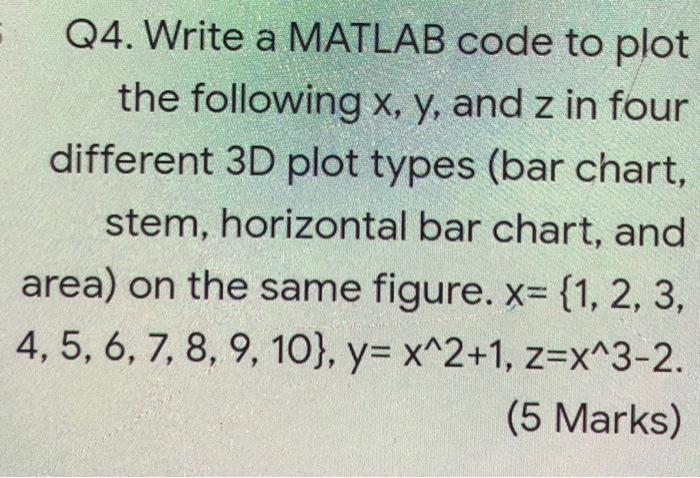 Solved Q4. Write a MATLAB code to plot the following x, y, | Chegg.com