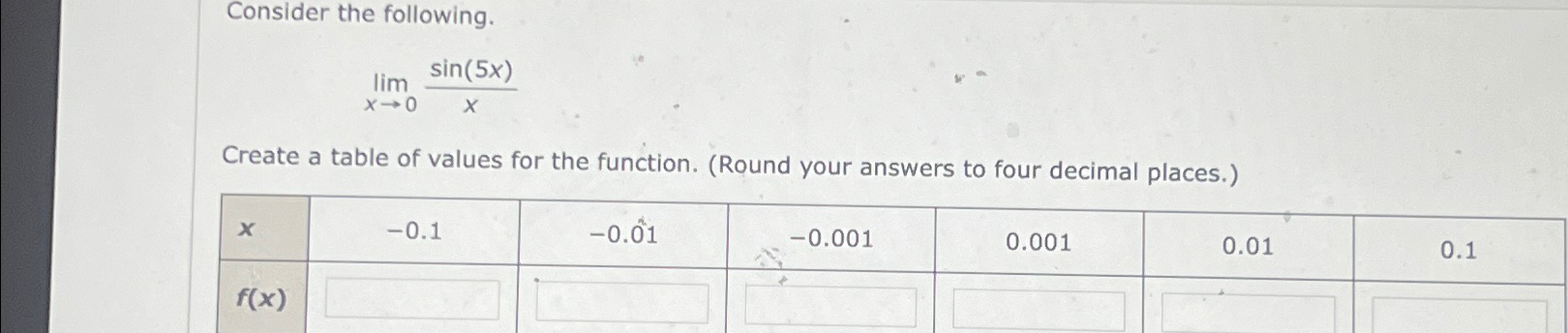 Solved Consider the following.limx→0sin(5x)xCreate a table | Chegg.com