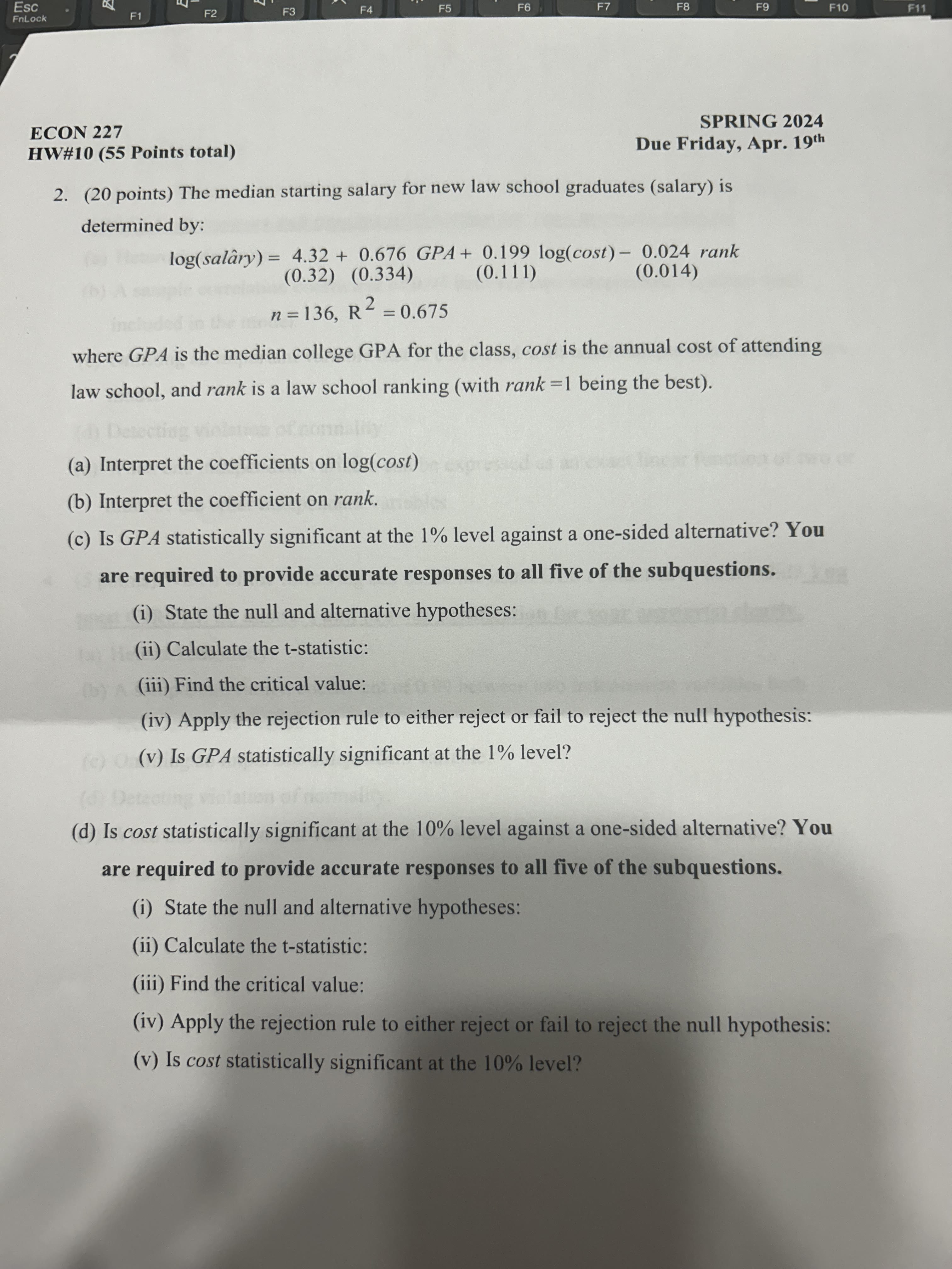 Solved ECON 227SPRING 2024HW#10 (55 ﻿Points total)Due | Chegg.com