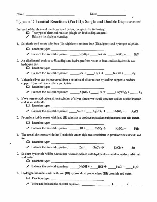 Solved Types of Chemical Reactions (Part II): Single and | Chegg.com