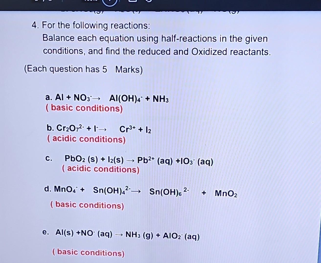 Solved 4. For the following reactions: Balance each equation | Chegg.com