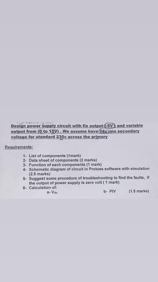 Solved Design power supply circuit with fix output (−9 V) | Chegg.com