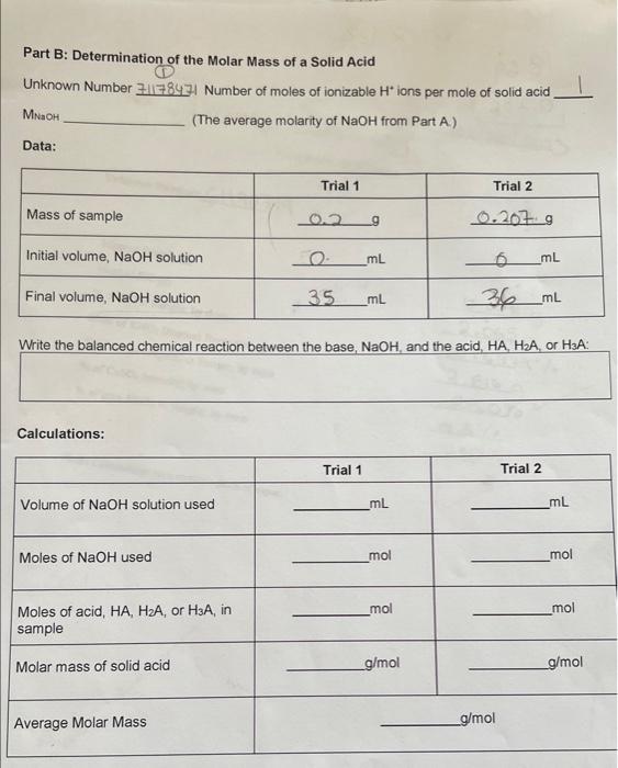 Solved Part A: Standardization of NaOH solution. Data: | Chegg.com