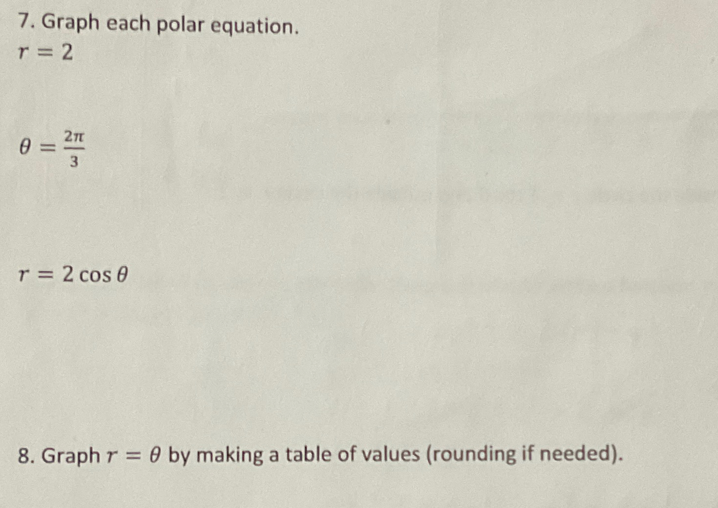 Solved Graph each polar equation.r=2θ=2π3r=2cosθGraph r=θ | Chegg.com