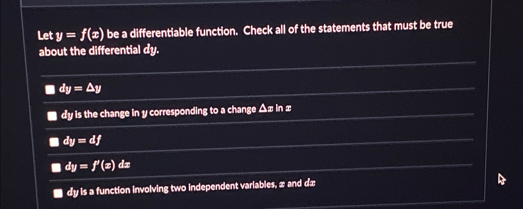 Solved Let y=f(x) ﻿be a differentiable function. Check all | Chegg.com
