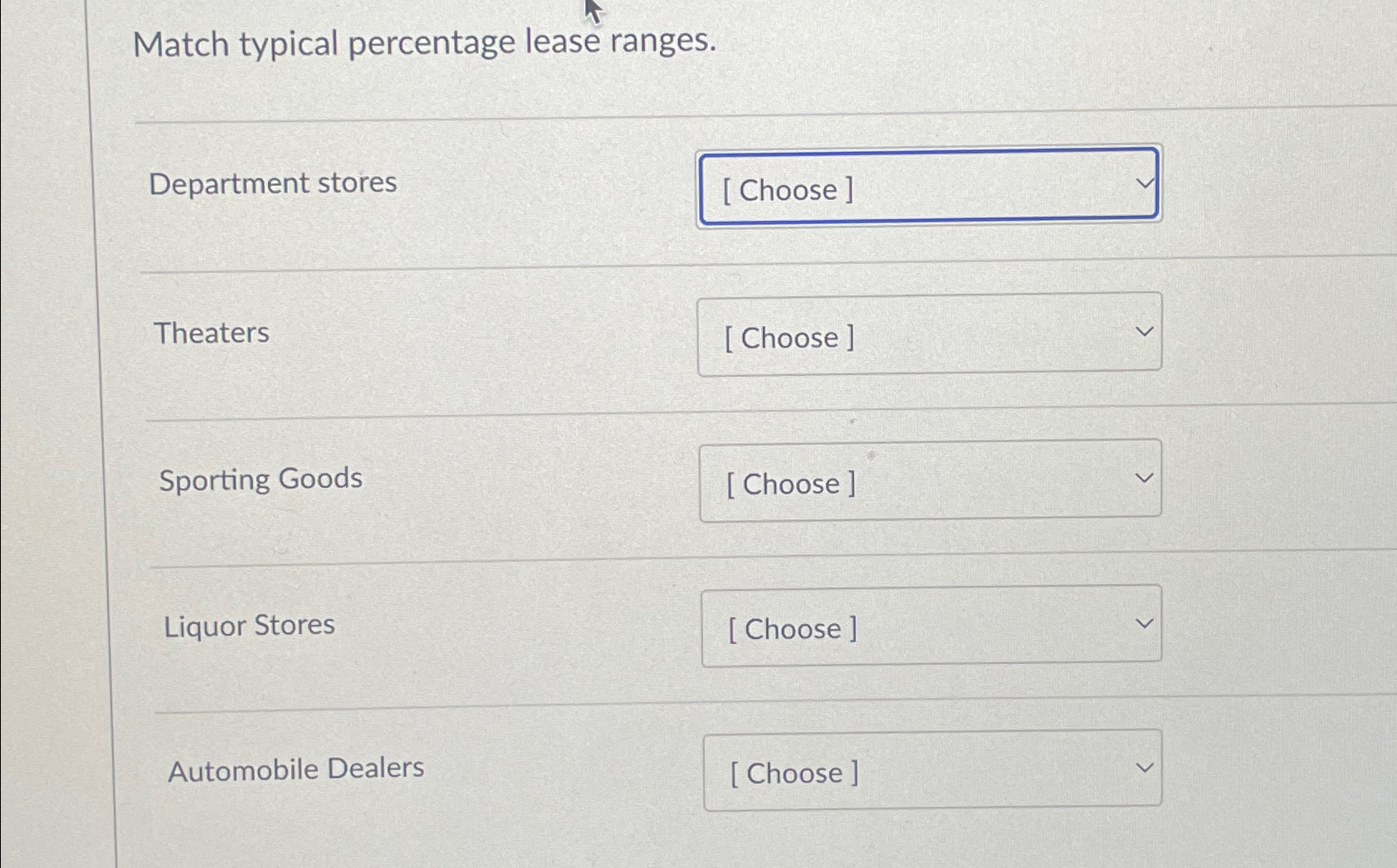 Solved Match typical percentage lease ranges.Department | Chegg.com
