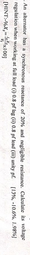 An alternator has a synchronous reactance of 20% ﻿and | Chegg.com