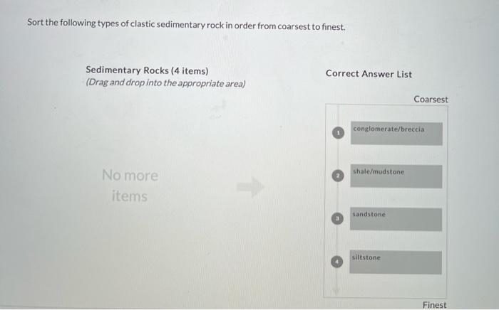Solved Sort the following types of clastic sedimentary rock | Chegg.com