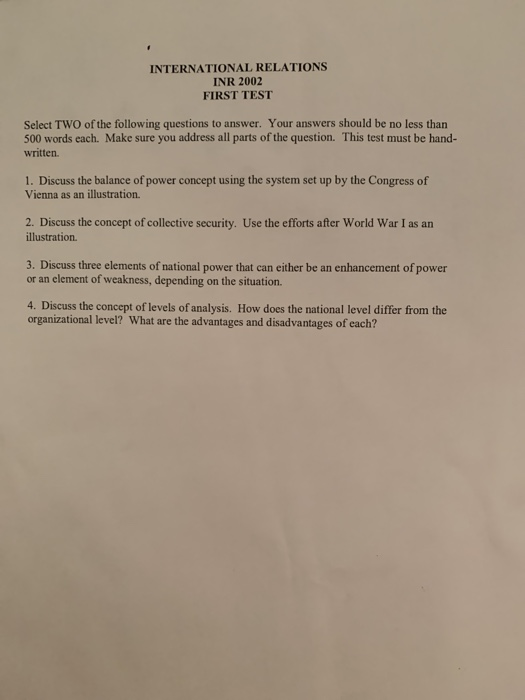INTERNATIONAL RELATIONS INR 2002 FIRST TEST Select | Chegg.com