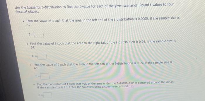 Solved the Student's t-distribution to find the t-value for | Chegg.com