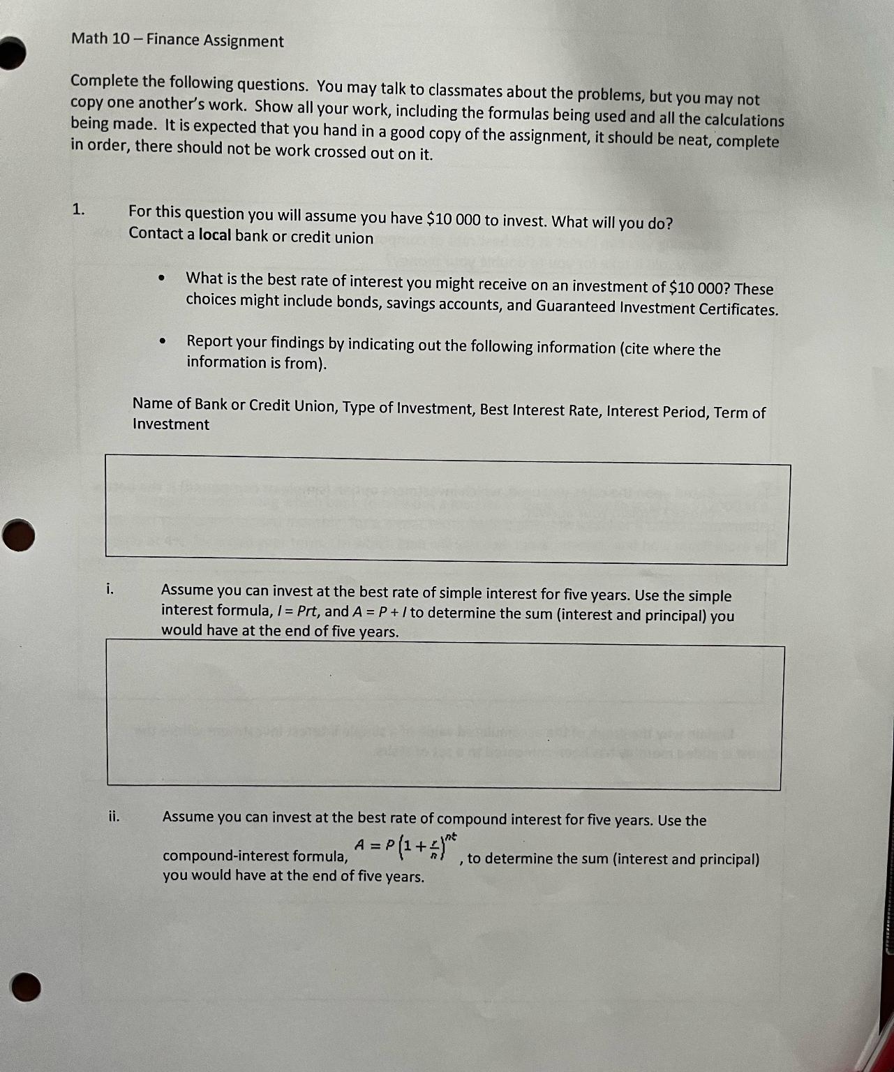 Solved Math 10 - ﻿Finance AssignmentComplete the following | Chegg.com