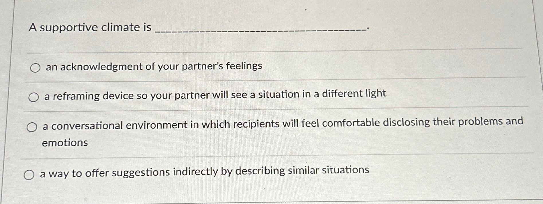Solved A supportive climate is q,an acknowledgment of your | Chegg.com