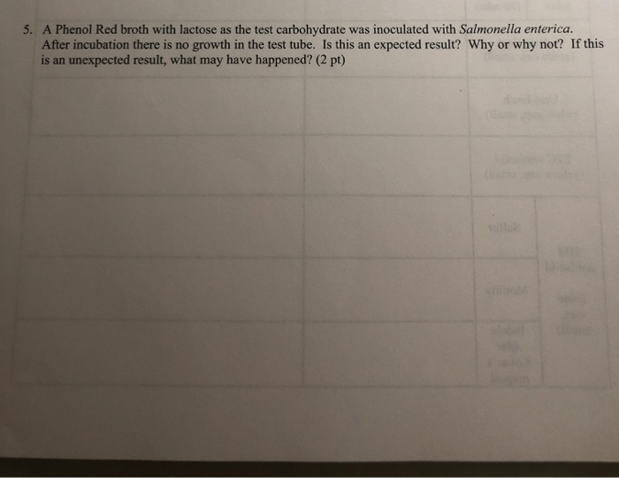 Solved 5. A Phenol Red broth with lactose as the test | Chegg.com