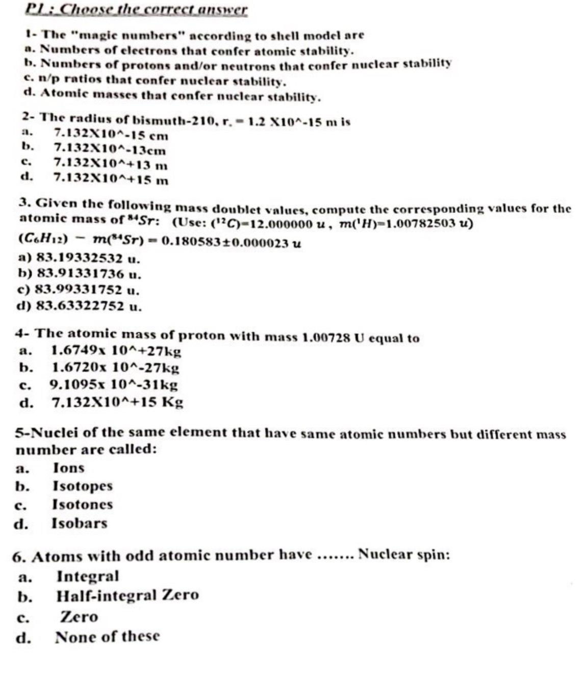 Solved Pl: Choose the correct answer1- ﻿The "magic numbers" | Chegg.com