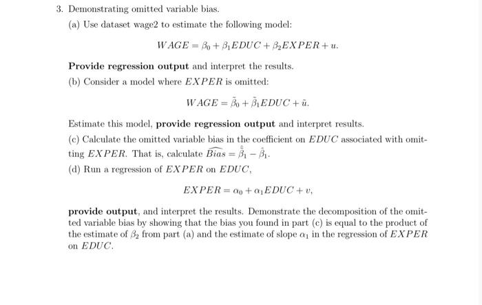 Solved 3. Demonstrating omitted variable bias. (a) Use | Chegg.com