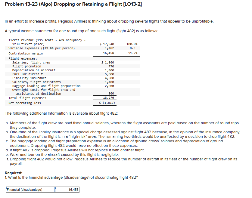 Solved Problem 13-23 (Algo) ﻿Dropping or Retaining a Flight | Chegg.com