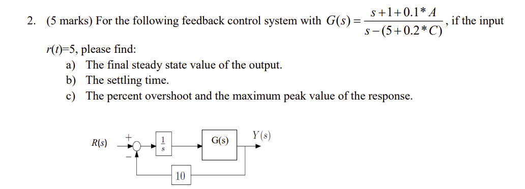 Solved (5 ﻿marks) ﻿For the following feedback control system | Chegg.com