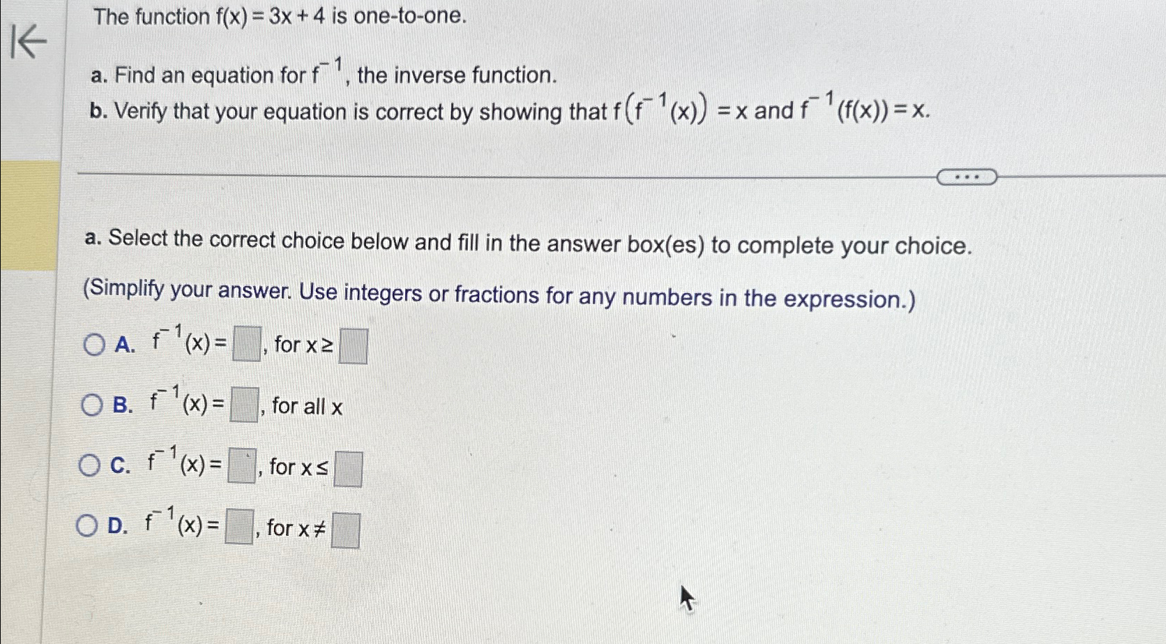 Solved The function f(x)=3x+4 ﻿is one-to-one.a. ﻿Find an | Chegg.com