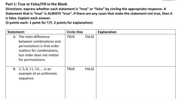 Solved Part 1: True or False/Fill in the Blank Directions: | Chegg.com