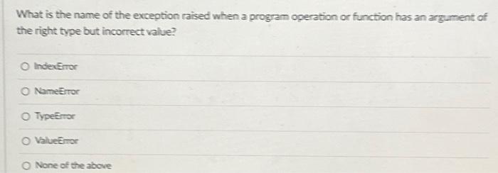 Solved What is the name of the exception raised when a | Chegg.com