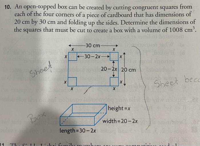 Solved 11 10. An open-topped box can be created by cutting | Chegg.com