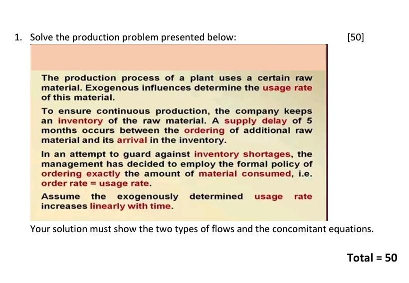 Solved 1. Solve the production problem presented below: [50] | Chegg.com