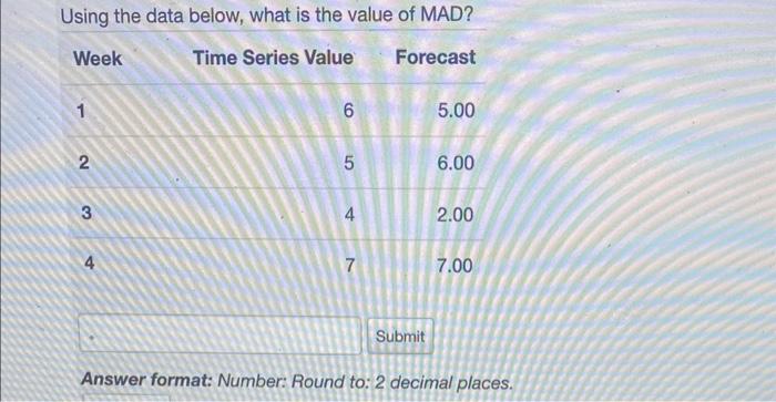 Solved Using the data below, what is the value of MAD? | Chegg.com