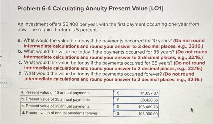 Solved Problem 6-4 Calculating Annuity Present Value [LO1] | Chegg.com