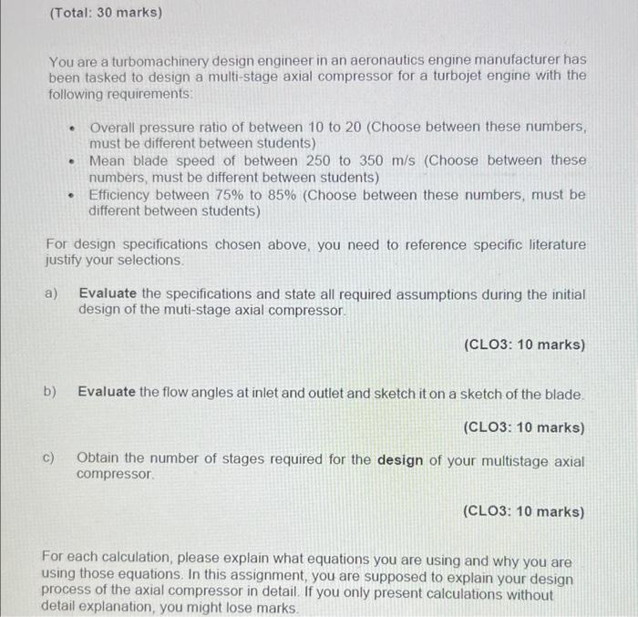 Solved (Total: 30 marks) You are a turbomachinery design | Chegg.com