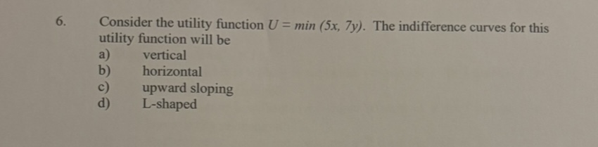 Solved Consider the utility function U=min(5x,7y). ﻿The | Chegg.com