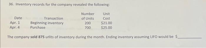 Solved 36. Inventory records for the company revealed the | Chegg.com