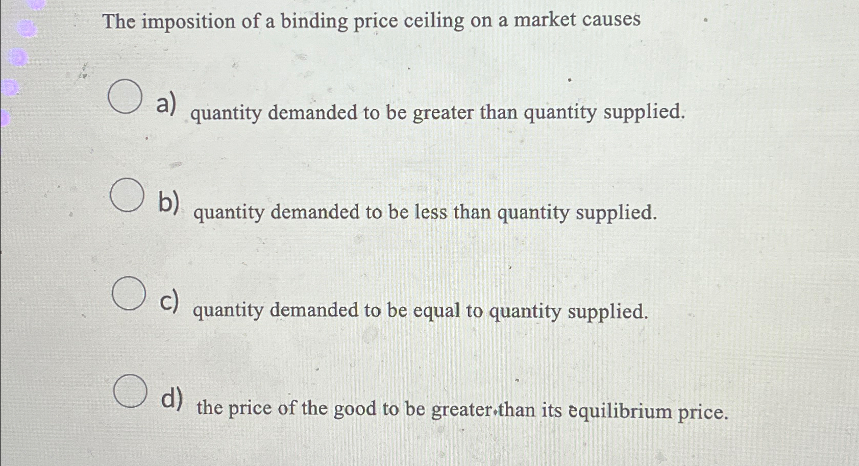 Solved The imposition of a binding price ceiling on a market | Chegg.com