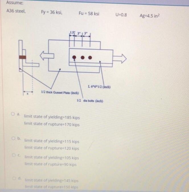 Solved Assume: A36 steel, Fy = 36 ksi, Fu = 58 ksi U=0.8 | Chegg.com