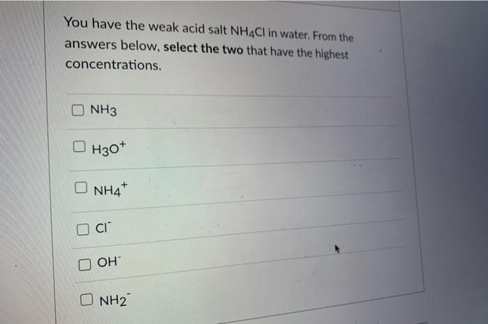 Solved You have the weak acid salt NH4Cl in water. From the | Chegg.com