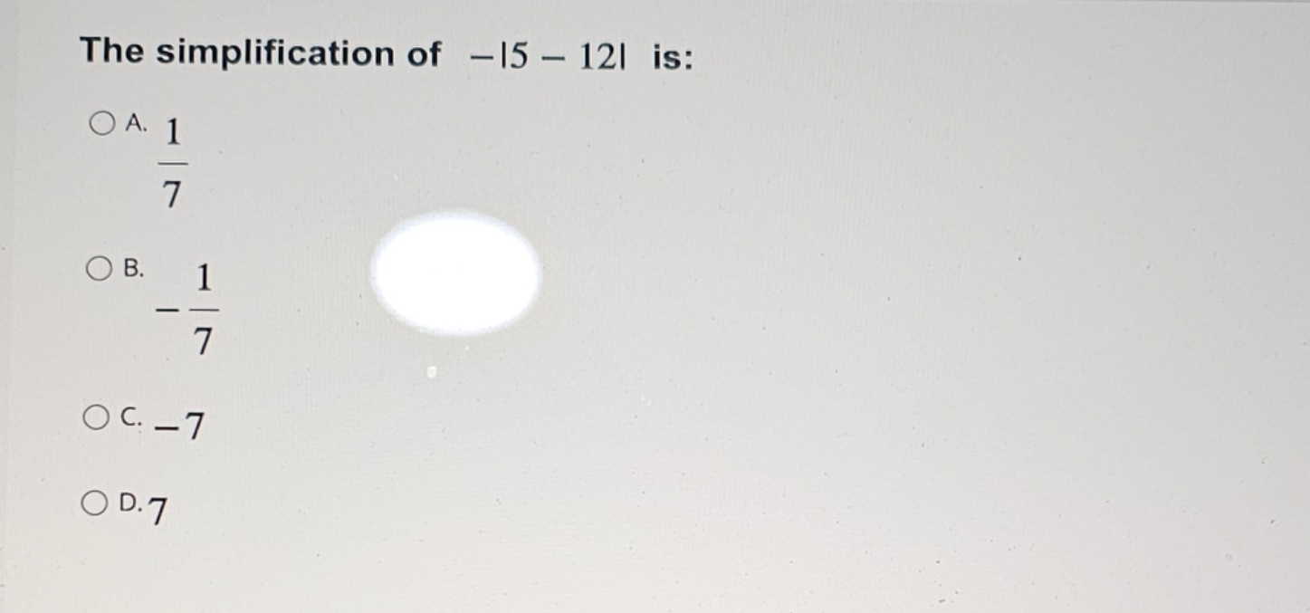 Solved The simplification of -|5-12| | Chegg.com