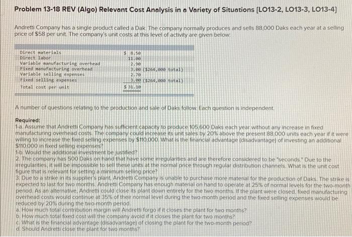 Solved Problem 13-18 REV (Algo) Relevant Cost Analysis in a | Chegg.com