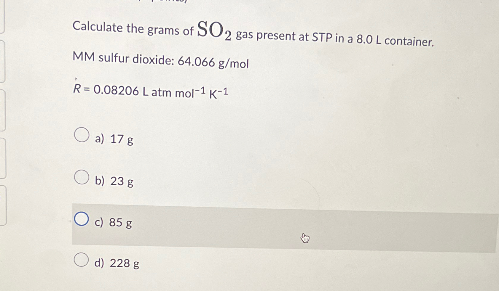 Solved Calculate the grams of SO2 ﻿gas present at STP in a | Chegg.com